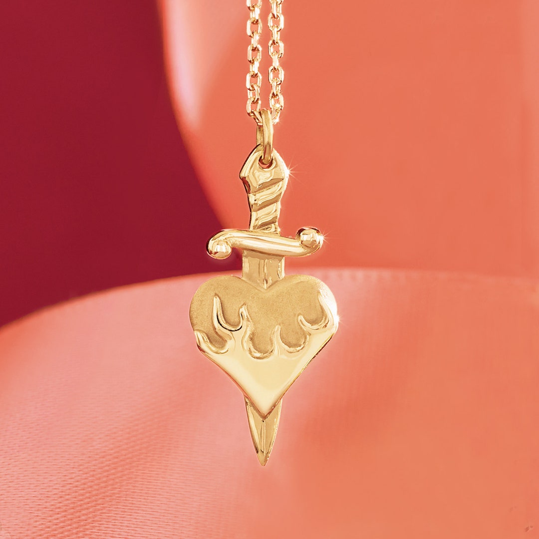 14K Gold Dagger & Heart Pendant - 14K Solid Gold Real Yellow White Rose ...