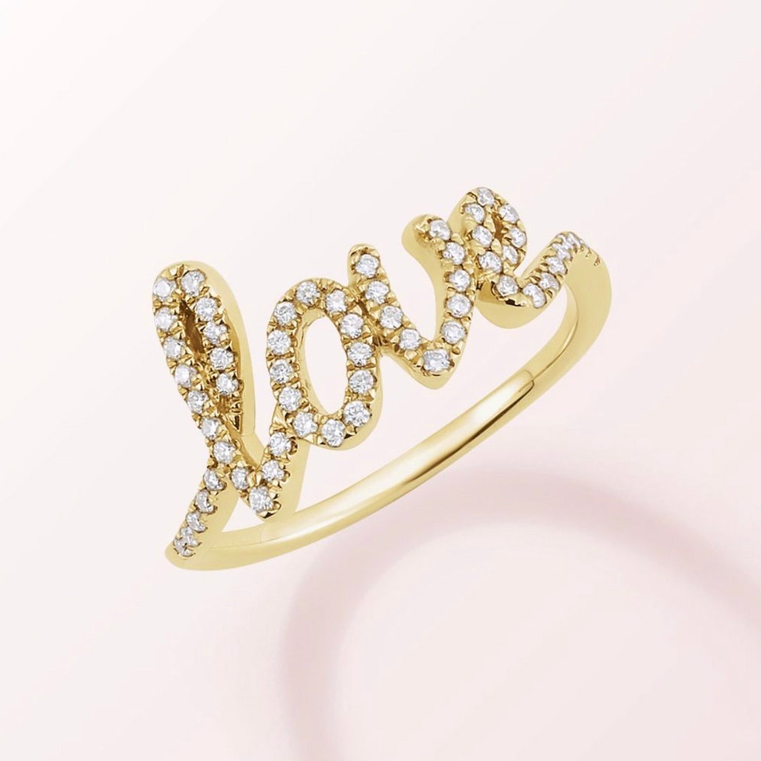 Diamond Script Love Ring 14KY 14KR 14KW 14KT 14K Solid Gold - Etsy España