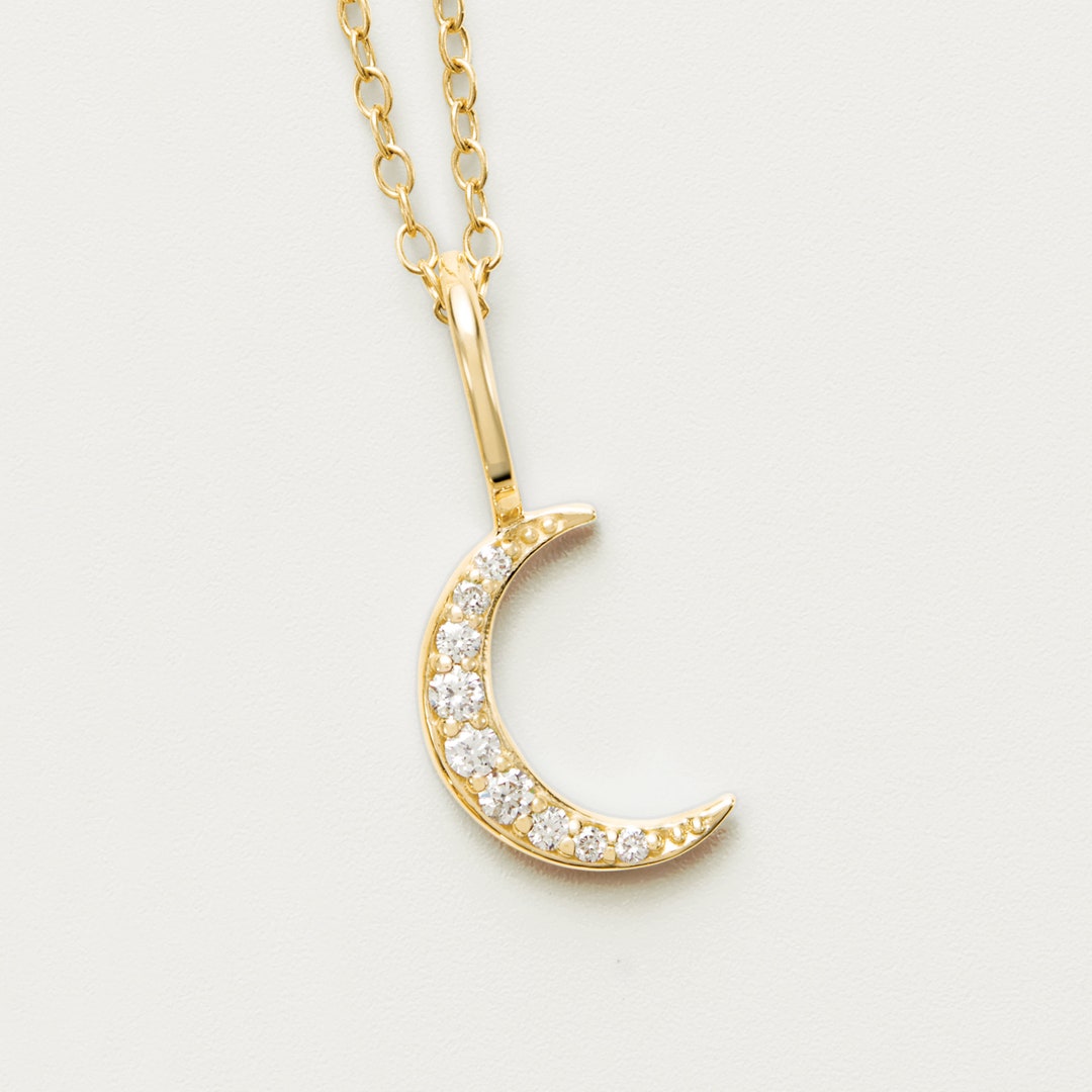 14K Gold Diamond Crescent Moon Pendant - 14K Solid Gold Real Charm ...