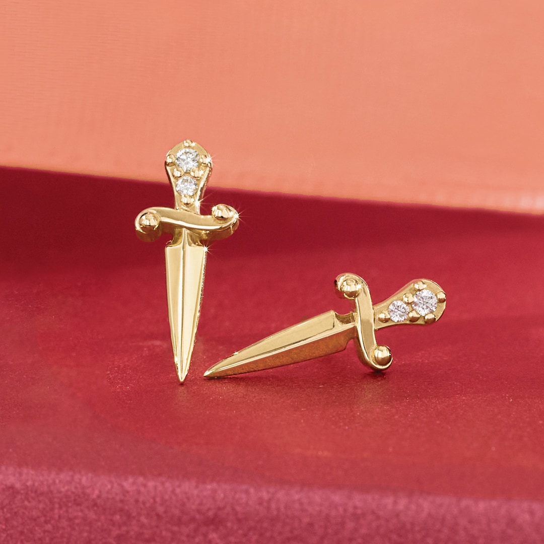 14K Gold Dagger Earrings - 14K Solid Gold Real Yellow White Rose ...