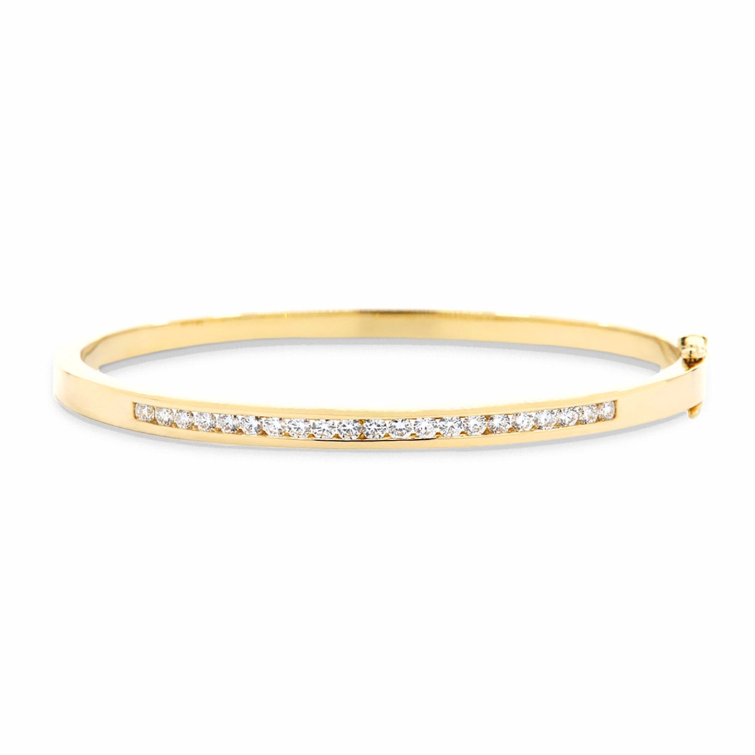 14K Gold Channel Set Diamond Bangle - 14K Solid Gold Real Genuine ...