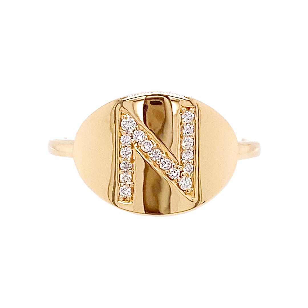 14K Gold Diamond Initial Signet Ring - 14KY 14KR 14KW 14KT 14K Solid ...