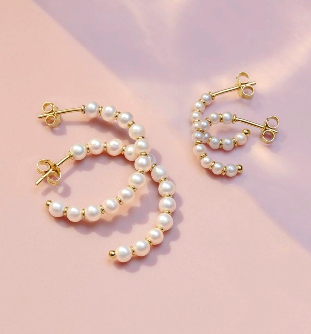 14K Gold Pearl Hoop Earrings 14K Solid Gold Real 14KT Yellow Rose White ...