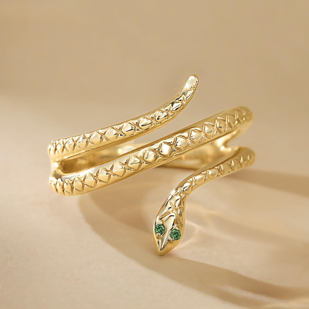 14K Gold Emerald Snake Ring - 14K Solid Gold Real 10K Yellow White Rose ...