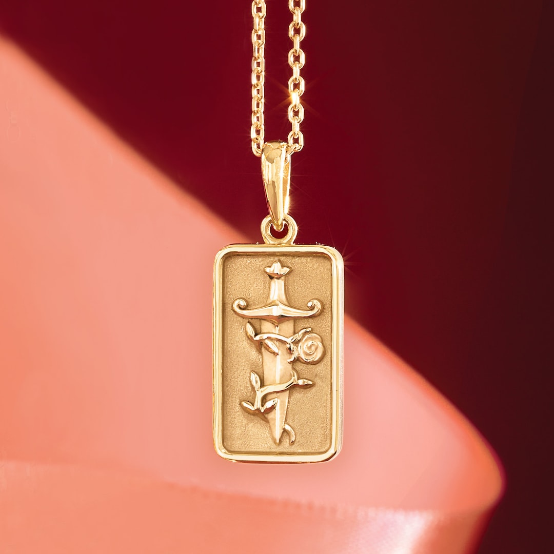 14K Gold Dagger & Rose Pendant - 14K Solid Gold Real 14KT Yellow White ...