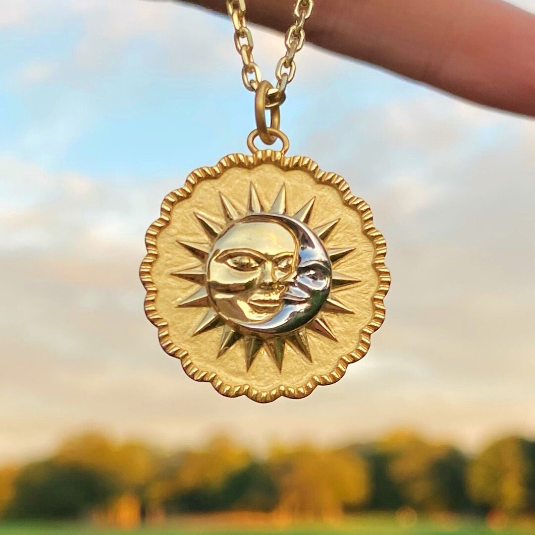 14K Solid Gold Sun & Moon Pendant - 14KY 14KW 14KT 14CT Yellow White ...