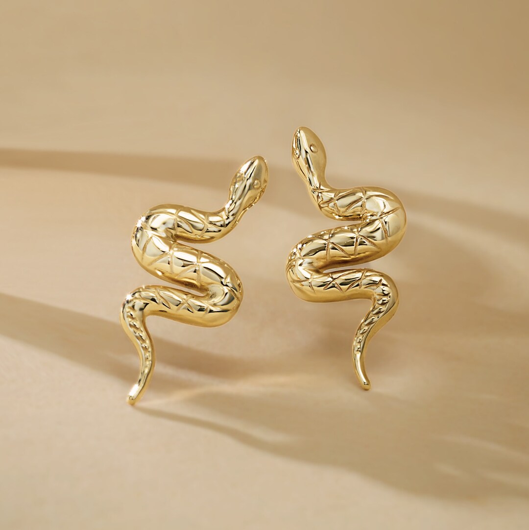 14K Gold Snake Earrings - 14K Solid Gold Real 14KT Yellow White Rose ...