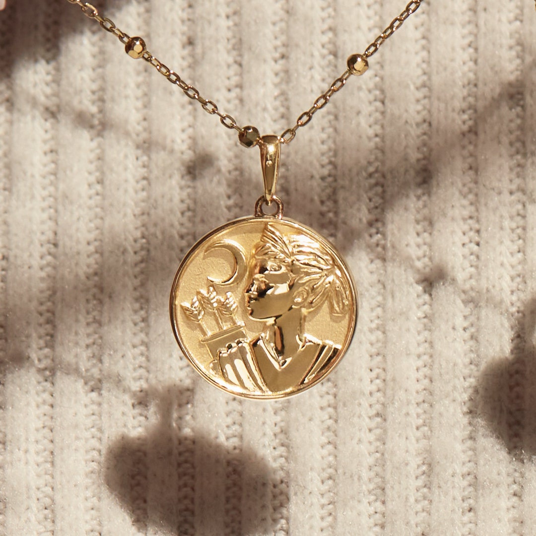 14K Gold Artemis Coin Pendant - 14K Solid Gold Real Yellow Rose White ...