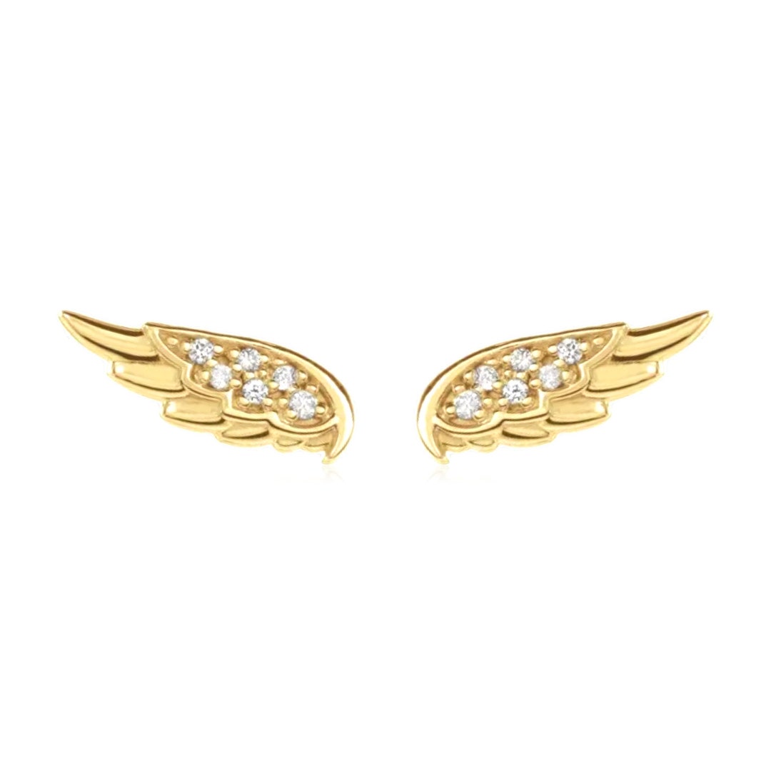 14K Gold Diamond Wing Earrings 14K Solid Gold Real Yellow Rose White ...