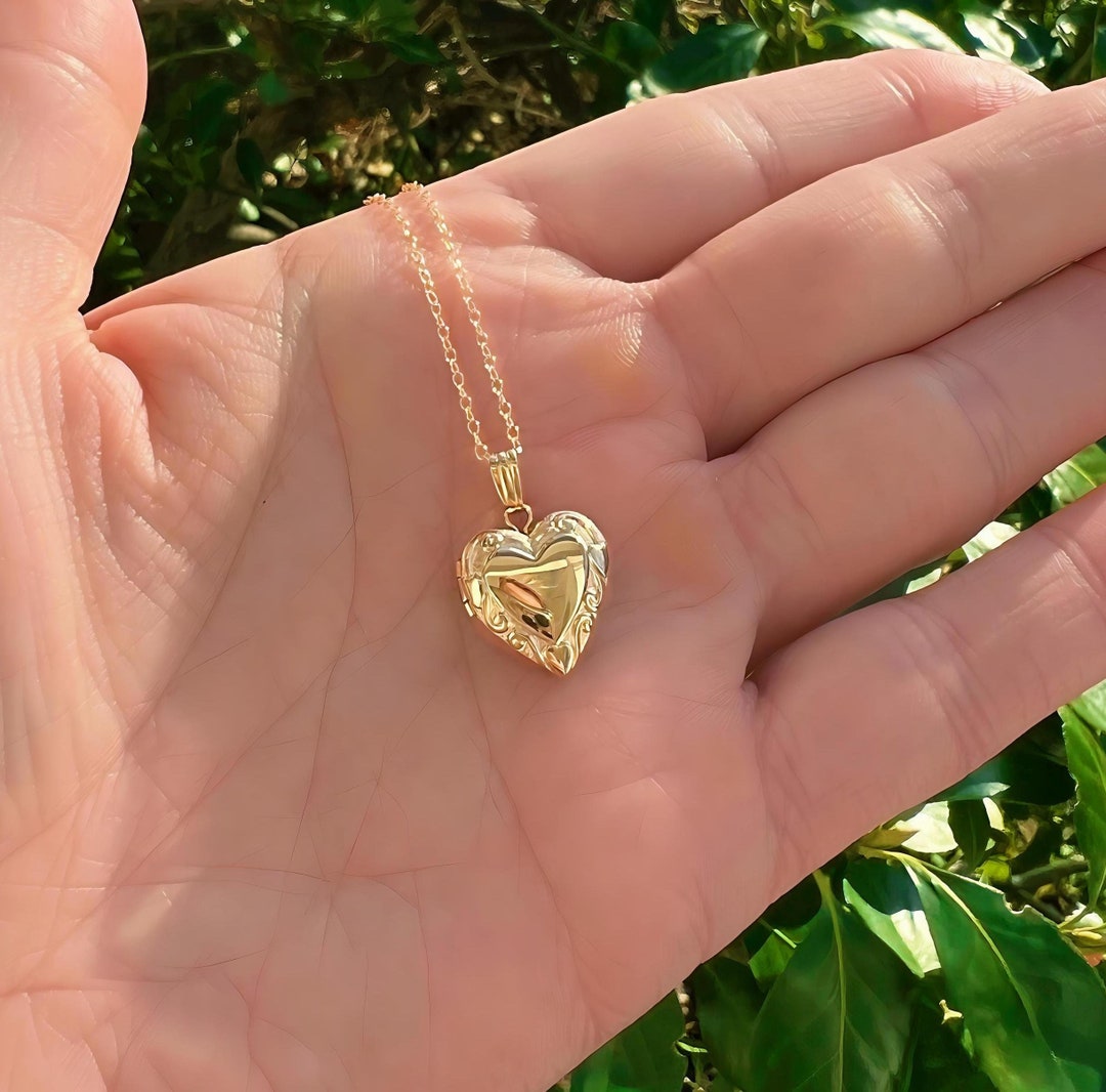 14K Gold Floral Heart Locket 14K Solid Gold Real Picture Photo Necklace ...