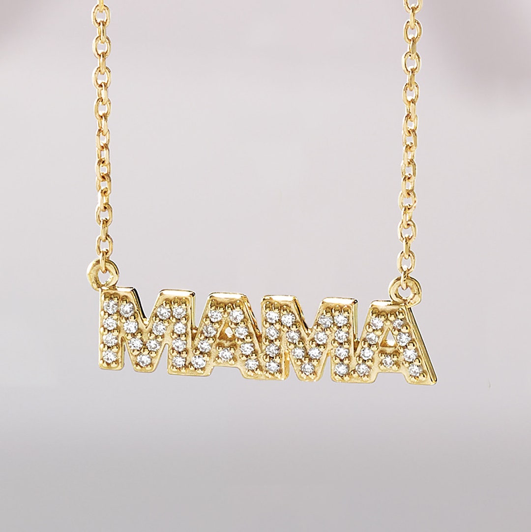 14K Gold Diamond Mama Necklace - 14K Solid Gold Real Yellow Rose White ...