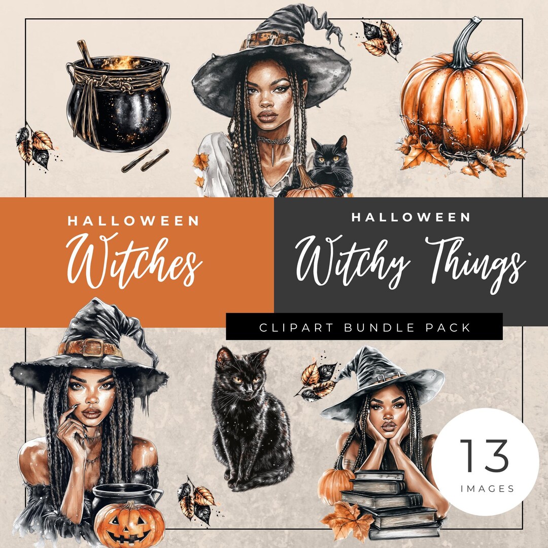 African American Black Halloween Witch Clipart, Black Cat, Pumpkin ...