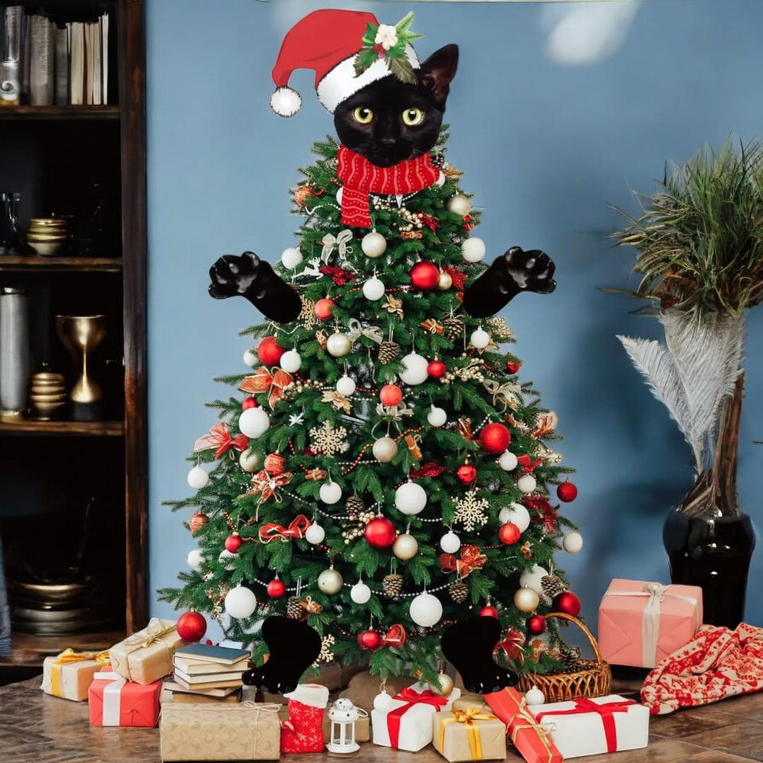 Large Black Cat Christmas Tree Topper Festive Holiday Decoration Cat ...