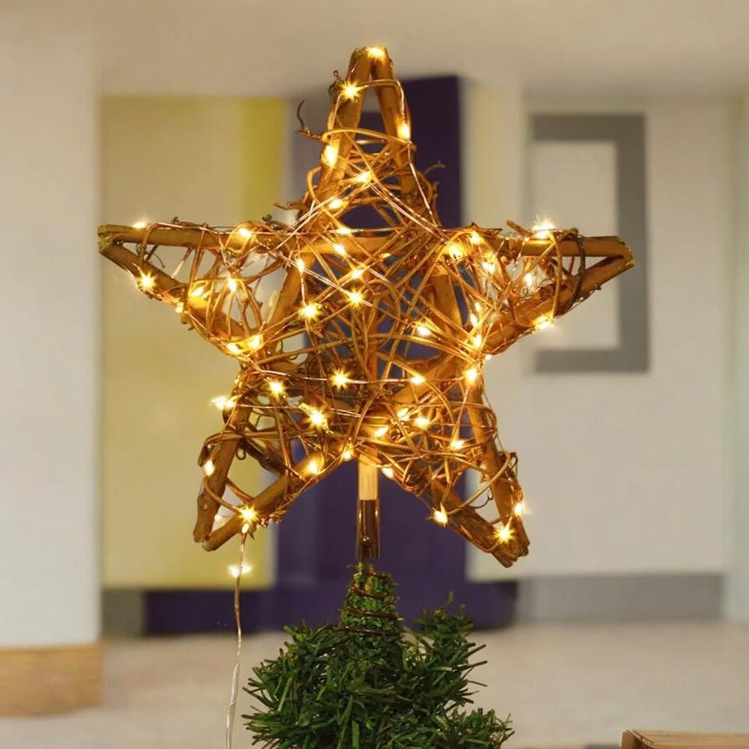 Lighted Rattan Star Christmas Tree Topper Natural Decorative Topper for ...