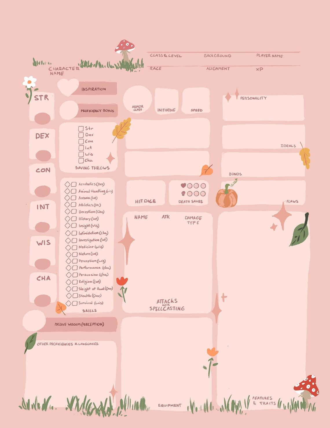 Dnd Cottage Core Character Sheet—5th Edition | Printable - Etsy