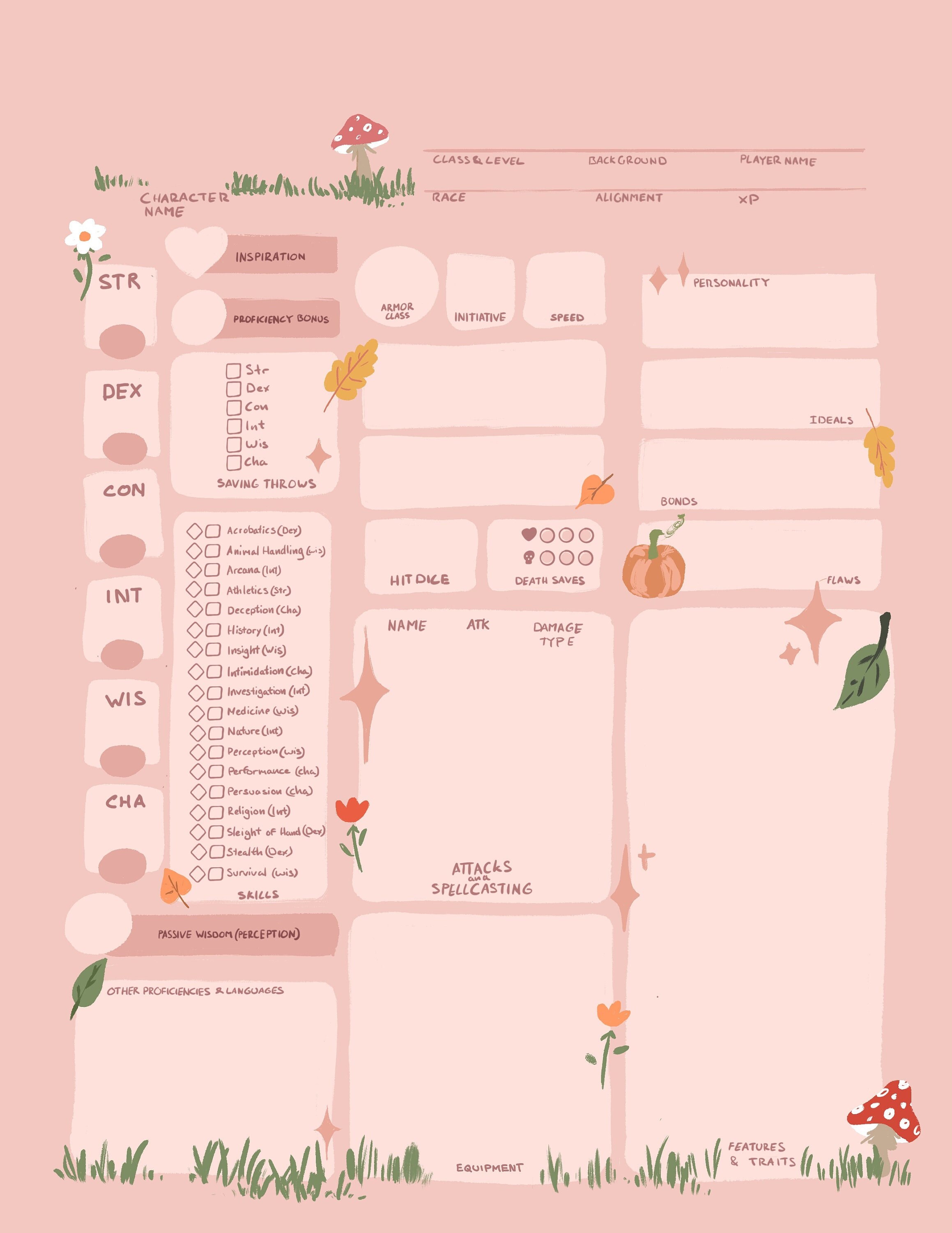 Dnd Cottage Core Character Sheet—5th Edition | Printable - Etsy