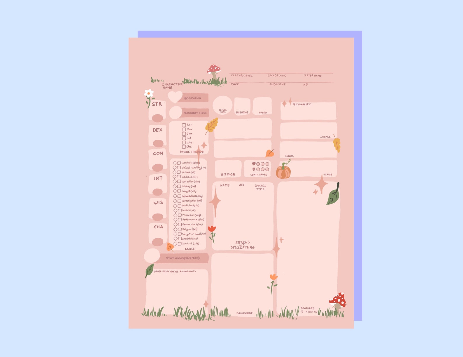 Dnd Cottage Core Character Sheet—5th Edition | Printable - Etsy