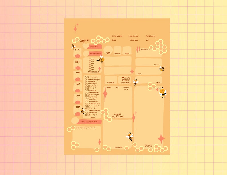 Dnd Honey Bee Character Sheet5th Edition Printable PDF - Etsy