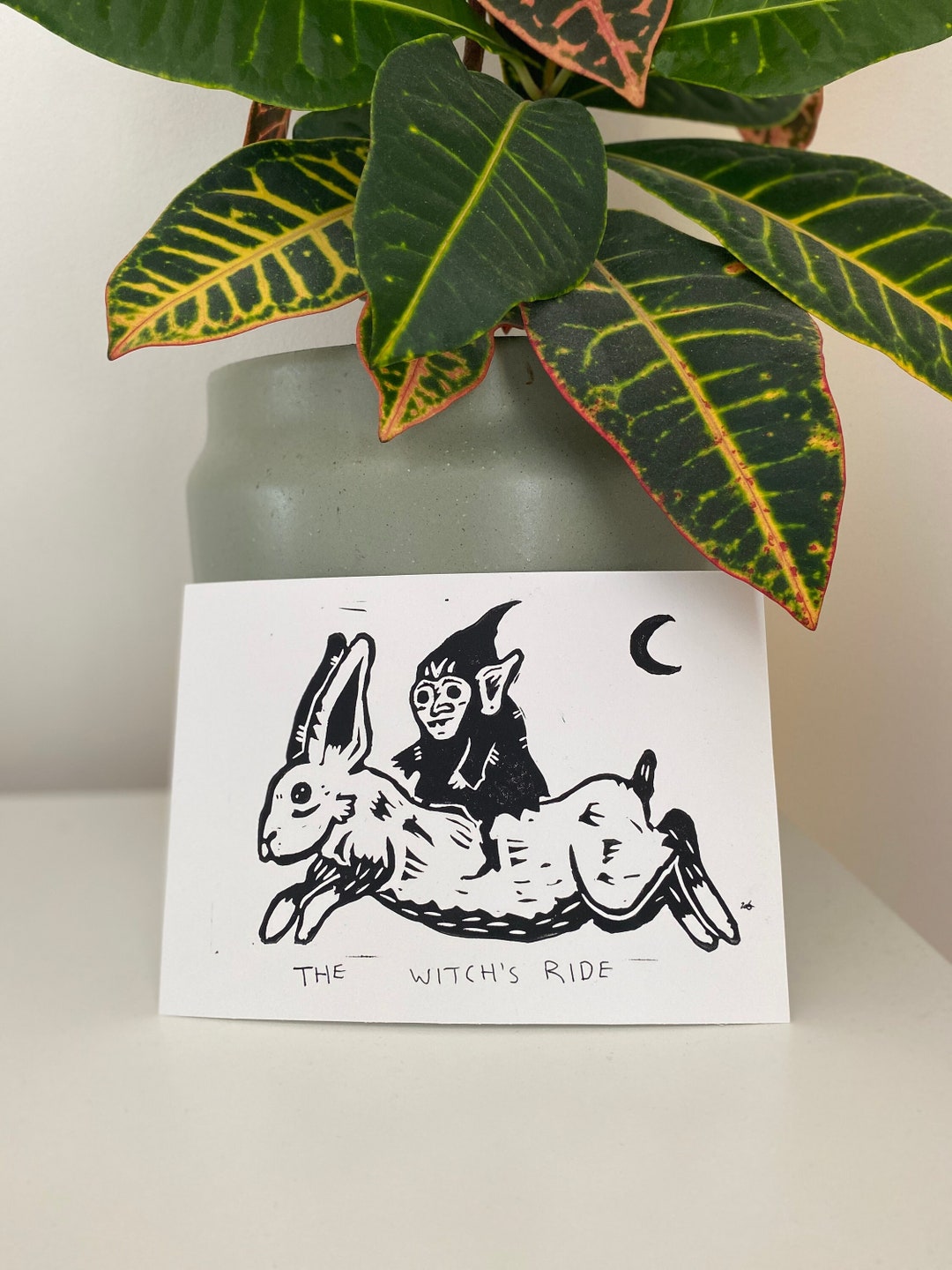 The Witch's Ride, Witchy Art, Occult Art, Rabbit Art, Linocut ...