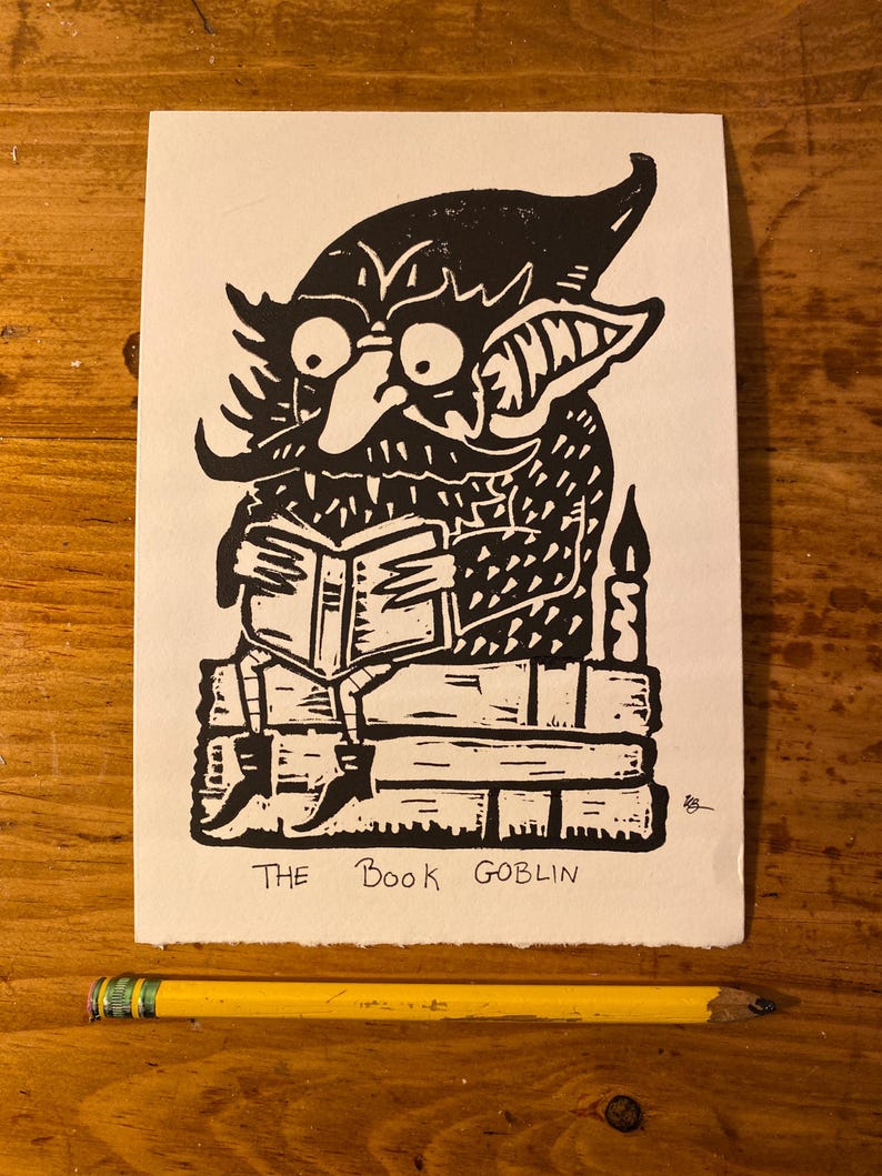 The Book Goblin, Book Art, Library Art, Book Print, Weird Wall Art ...