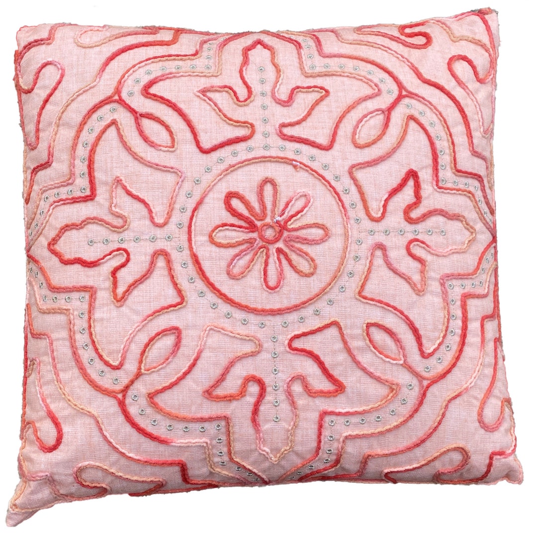 Coral Embroidered Mosiac Decorative Pillow With Tassels - Etsy