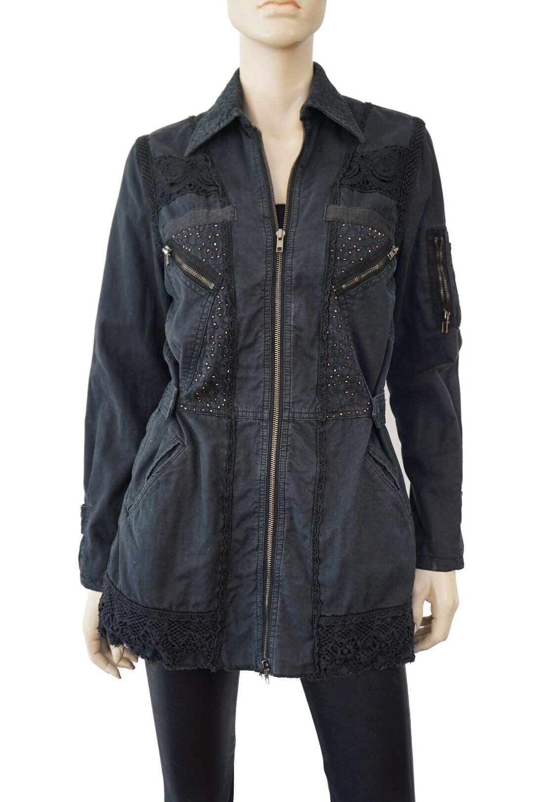 Vintage DA-NANG Embroidered Beaded Lace Trim Black Utility Field Jacket ...