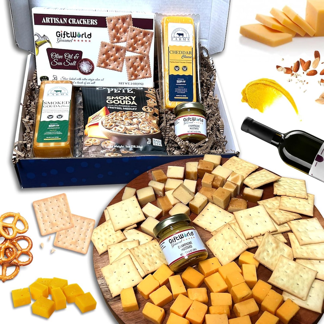 Cheese and Cracker Gift Box – Cheddar, Smoked Gouda, Crackers, Pretzels ...