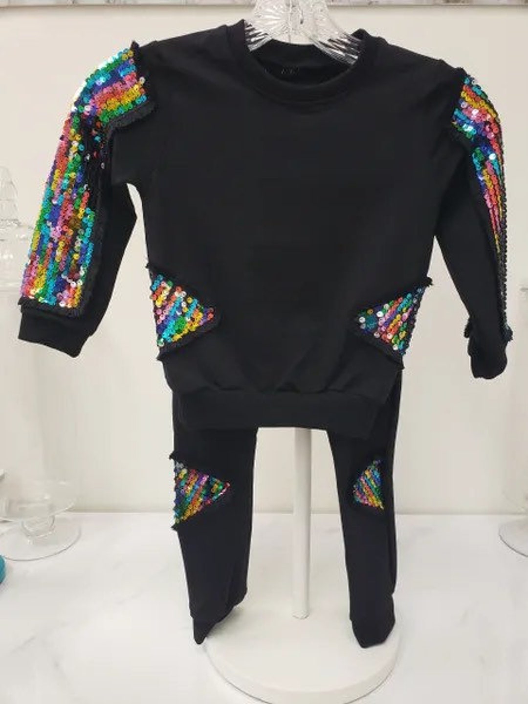 2 Piece Girls Sweatsuit Rainbow Sequins Sweatsuitblack Sweatsuit ...