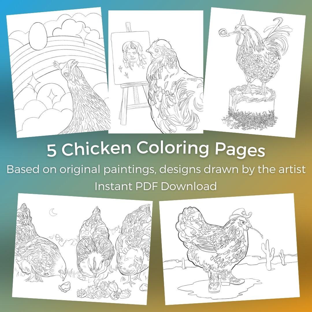 5 Chicken Coloring Pages PDF Bundle, Hen/rooster Line Art Designs Based ...