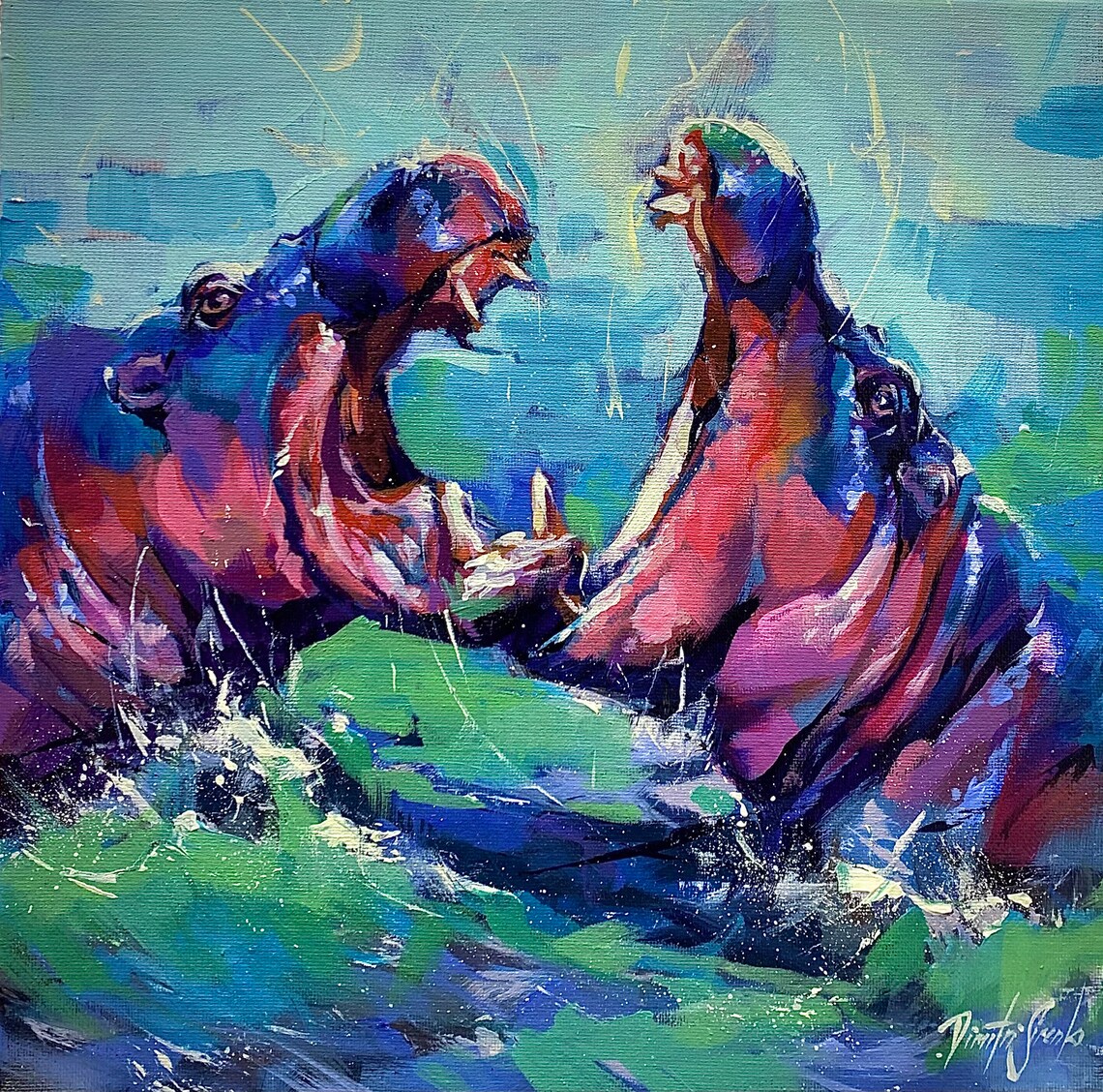 THE QUARREL Print | Hippo Canvas, Hippopotamus Artwork, African Animals ...