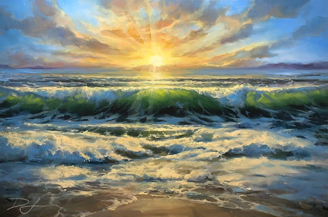 THE AWAKENING Print | Seascape Poster, Sunrise Painting, Ocean Waves ...