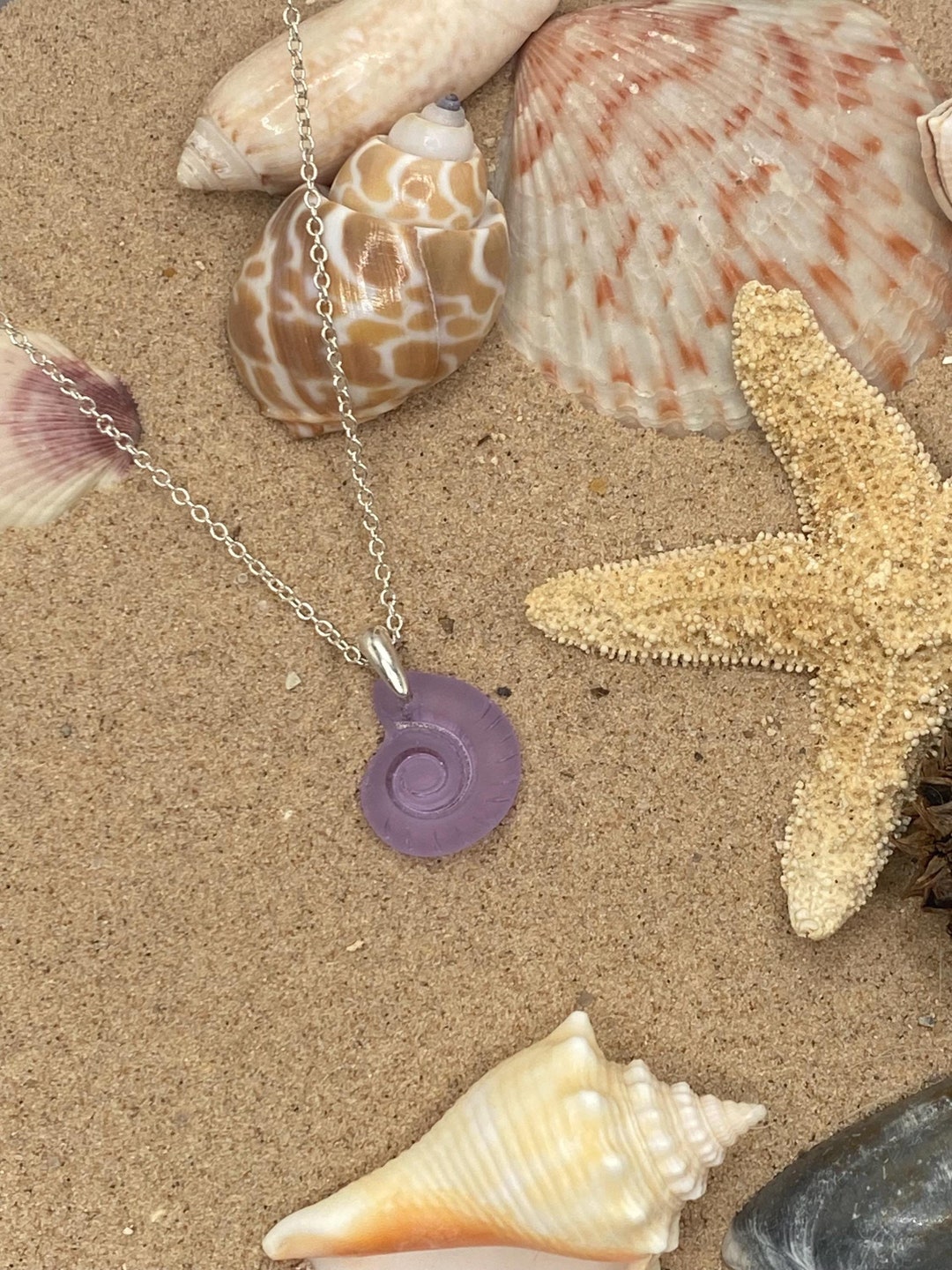 Periwinkle Purple Yellow Cultured Sea Glass Ammonite Seashell Pendant ...