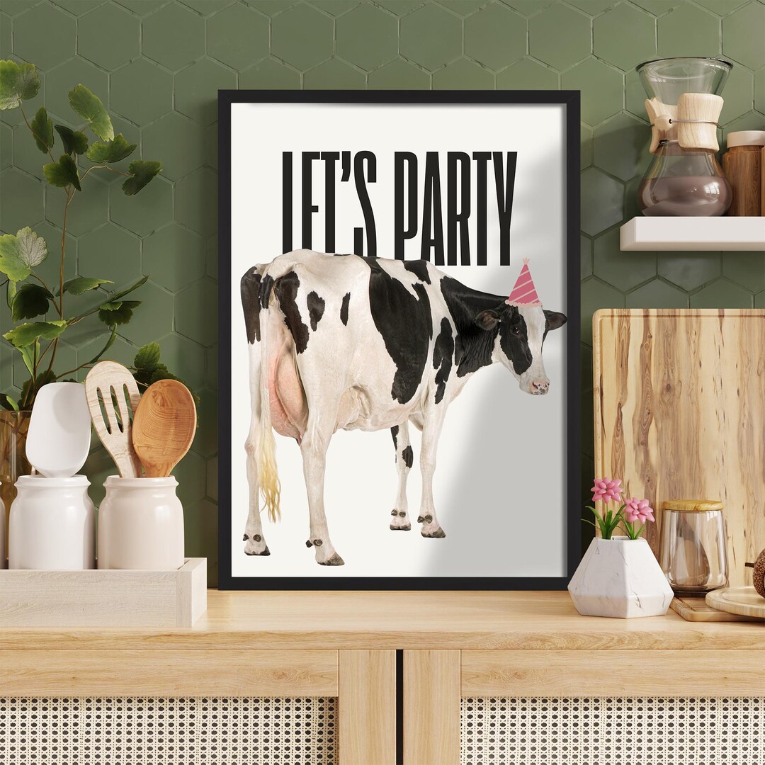Funny Party Cow Art Print, Fun Animal Poster, Cute Animal Wall Art ...