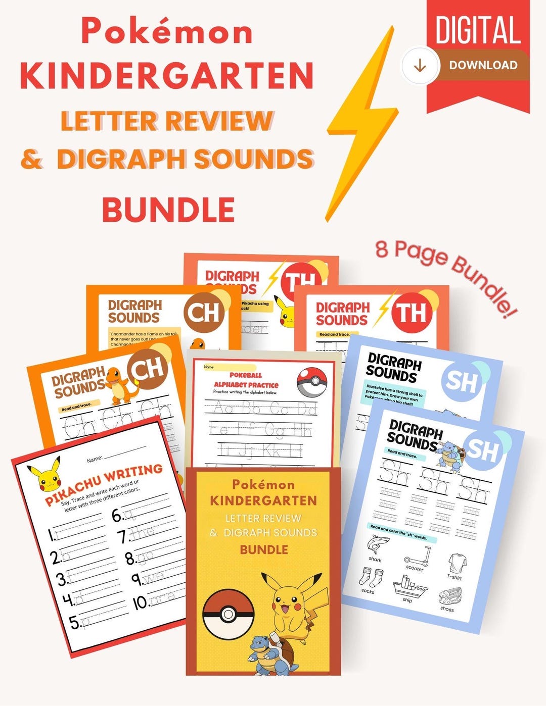 Pokémon Kindergarten Letter & Digraph Bundle | Phonics Worksheets | CH ...