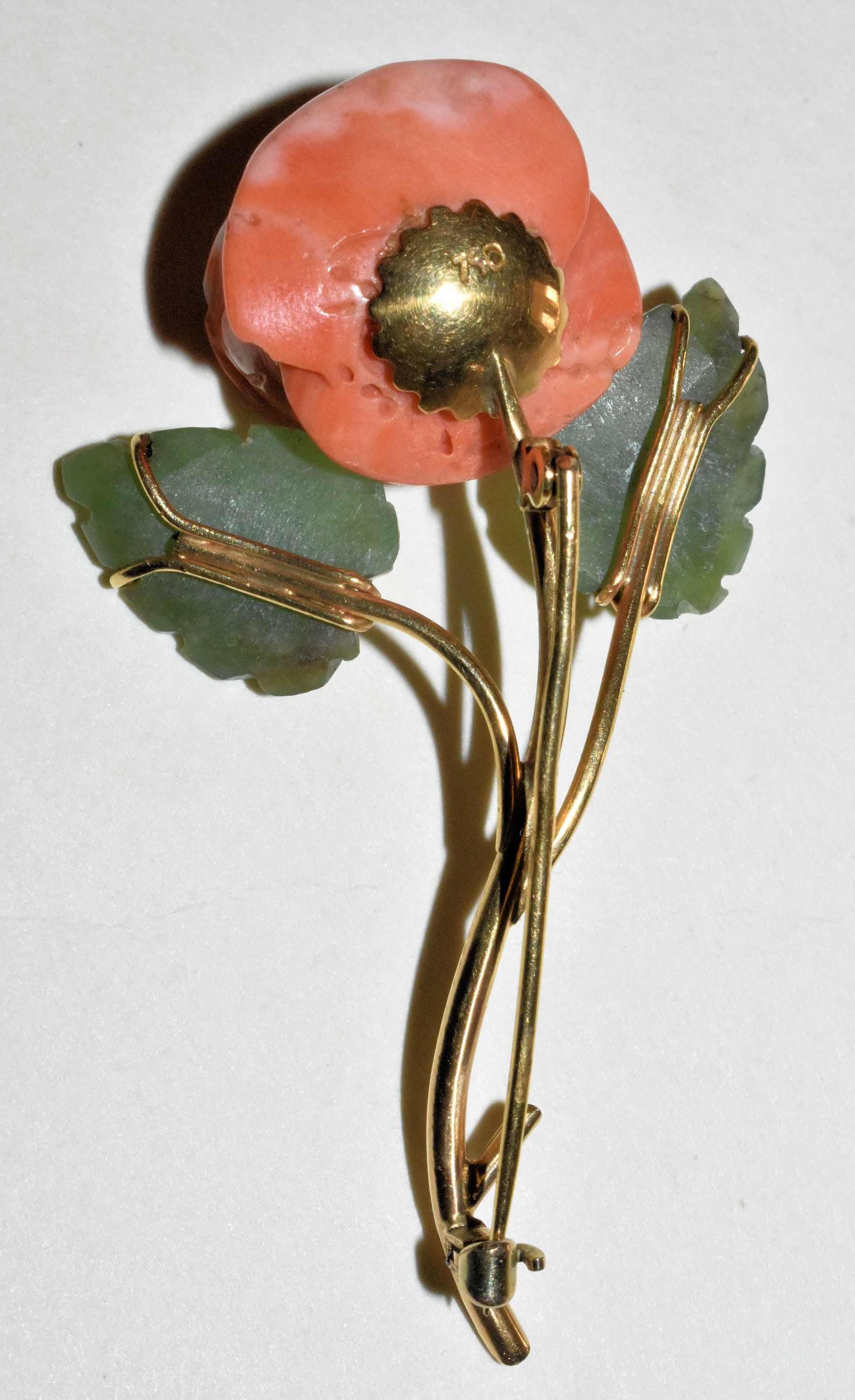Vintage 18K Gold Carved Salmon Red Coral Rose Spinach Nephrite Jade ...