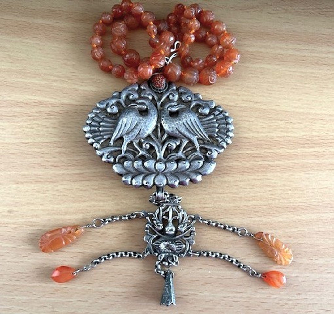 Large Art Deco Sterling Silver Repousse Peacock Bird in Lotus Flowers ...