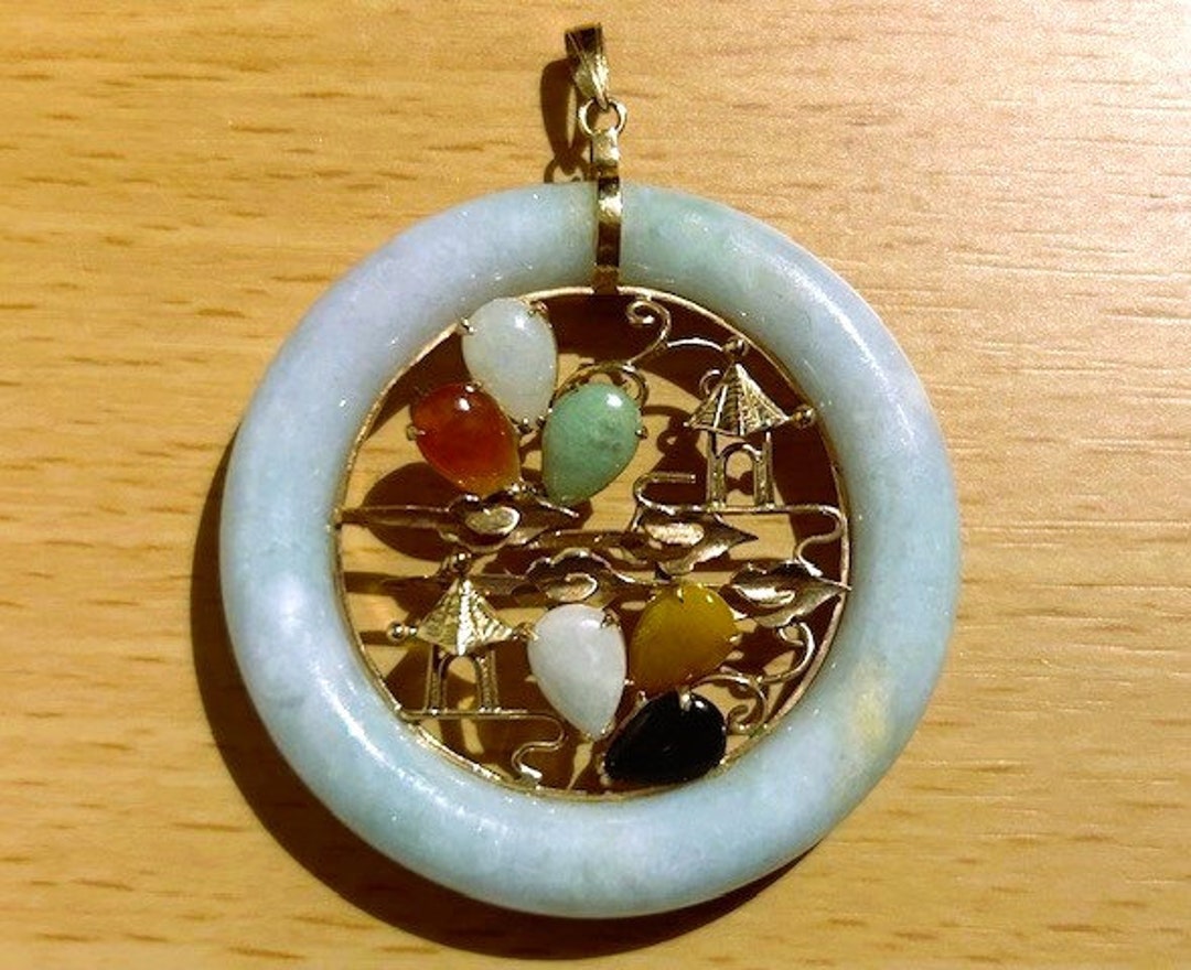 Large 14K Gold Natural Light Apple Green Jadeite Jade & Multi-color ...