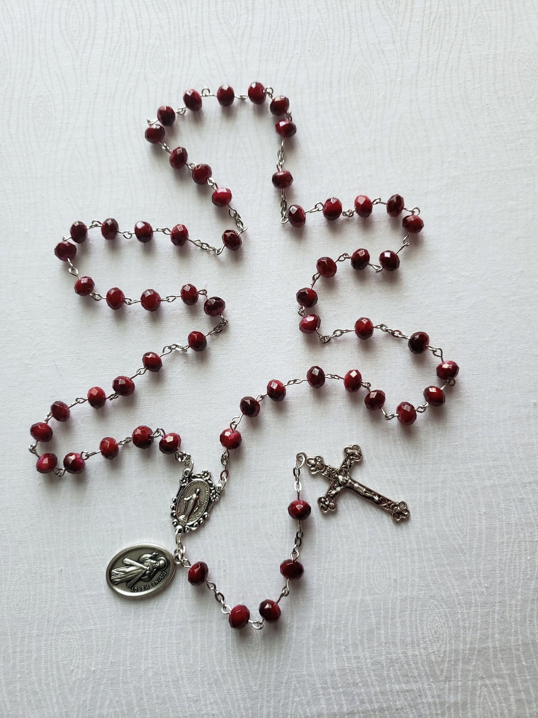 Divine Mercy Catholic Rosary With Ruby-colored Faceted Glass Beads and ...