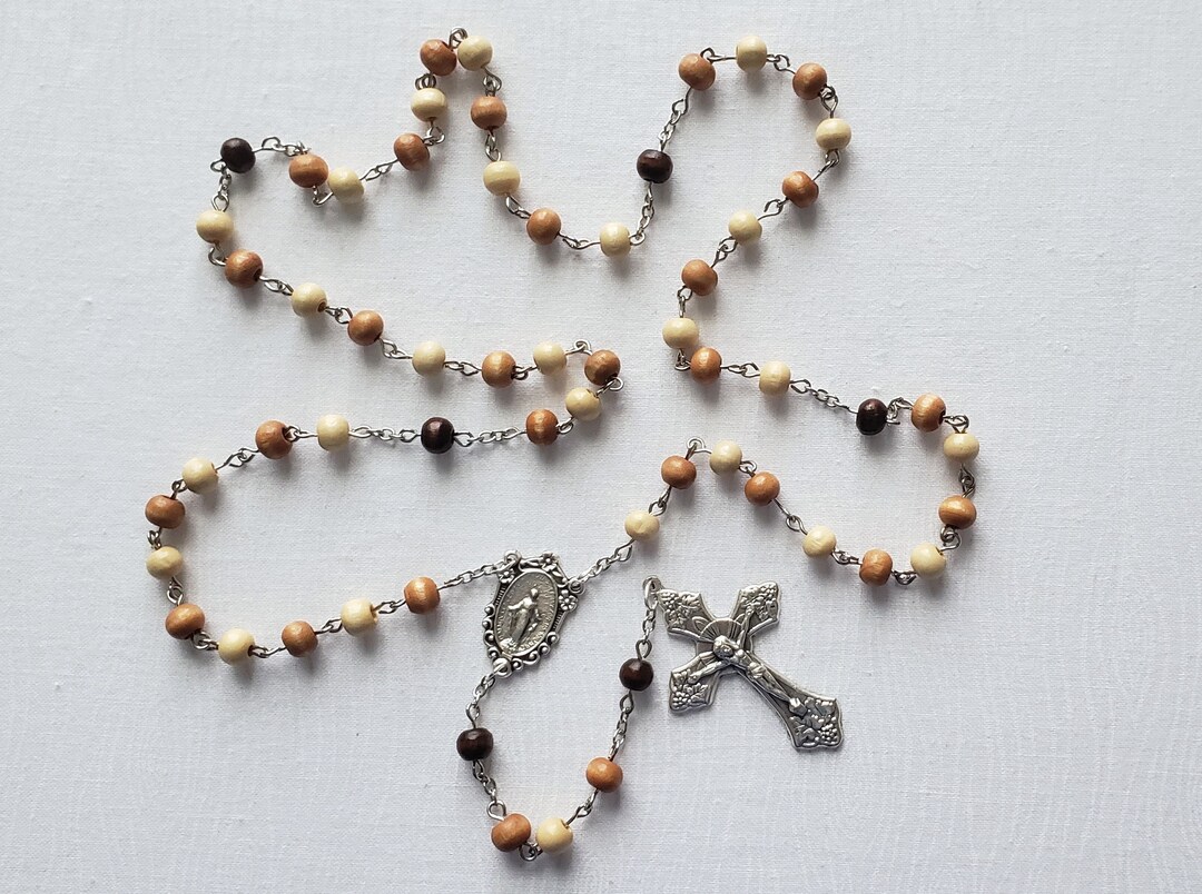 Catholic Rosary With Tri-colored Wooden Beads & Miraculous Medal ...