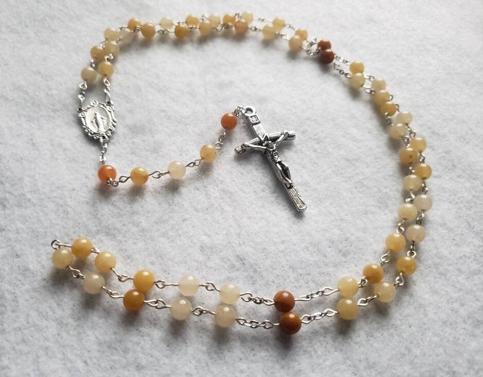 Quartzite Stone Bead Catholic Rosary With Miraculous Medal Centerpiece ...