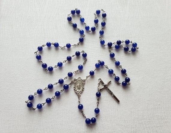 Cobalt Blue Glass Bead Catholic Rosary With Miraculous Medal - Etsy