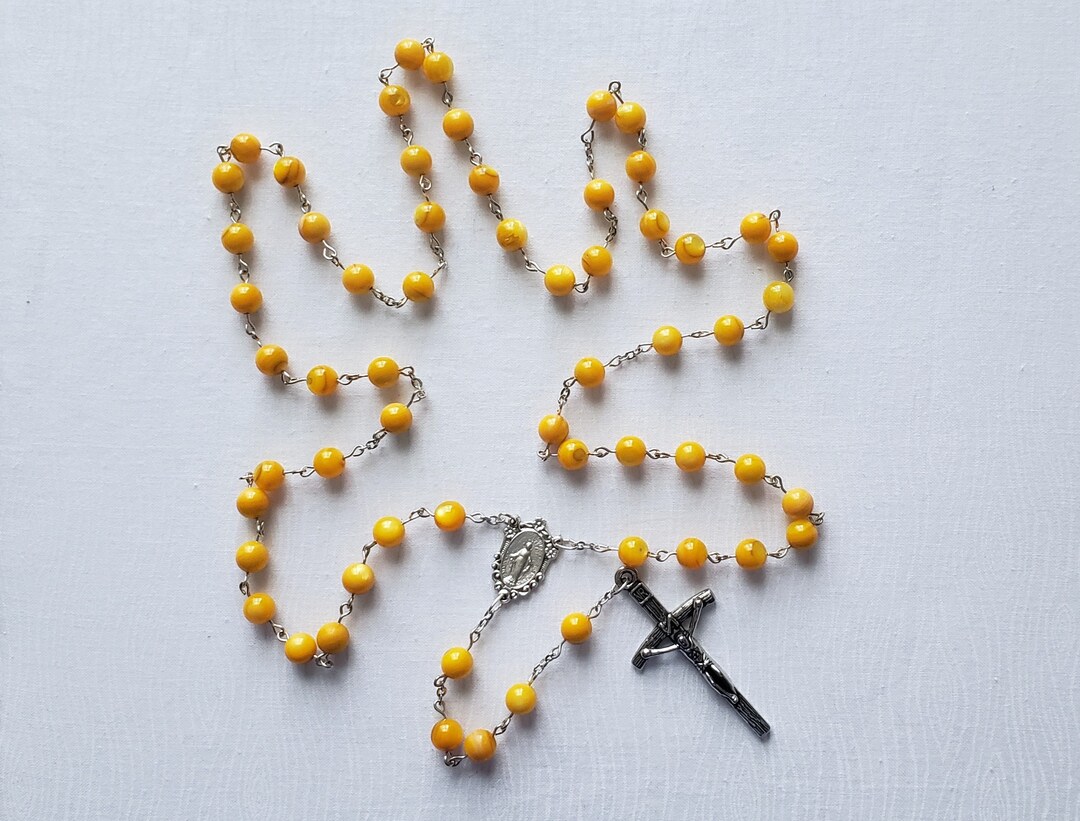 Catholic Rosary With Saffron Colored River Shell Beads & Miraculous ...