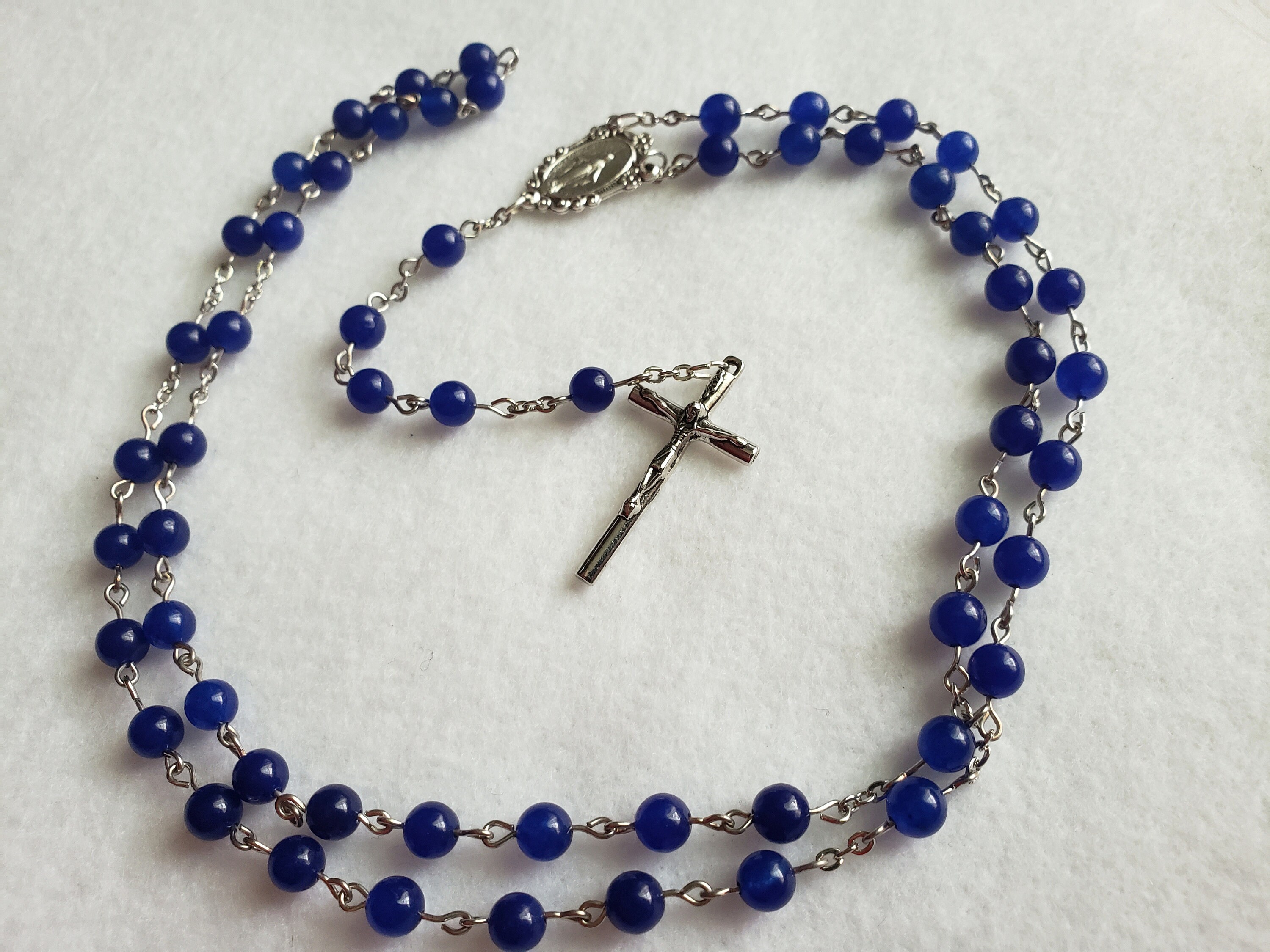 Cobalt Blue Glass Bead Catholic Rosary With Miraculous Medal ...