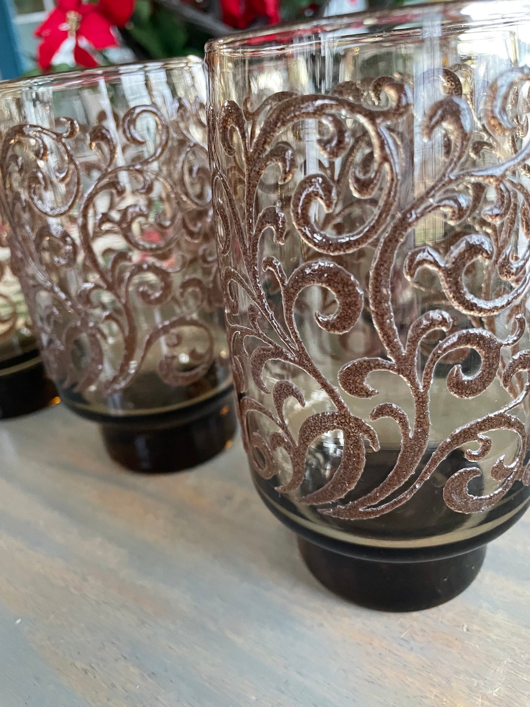 Vintage Set Mcm 1970’s Drinking Glasses Smokey Brown Glass With ...