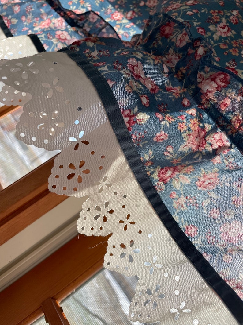 Vintage Blue Calico Curtain Valance With Ruffle and Laser Cut Lace ...