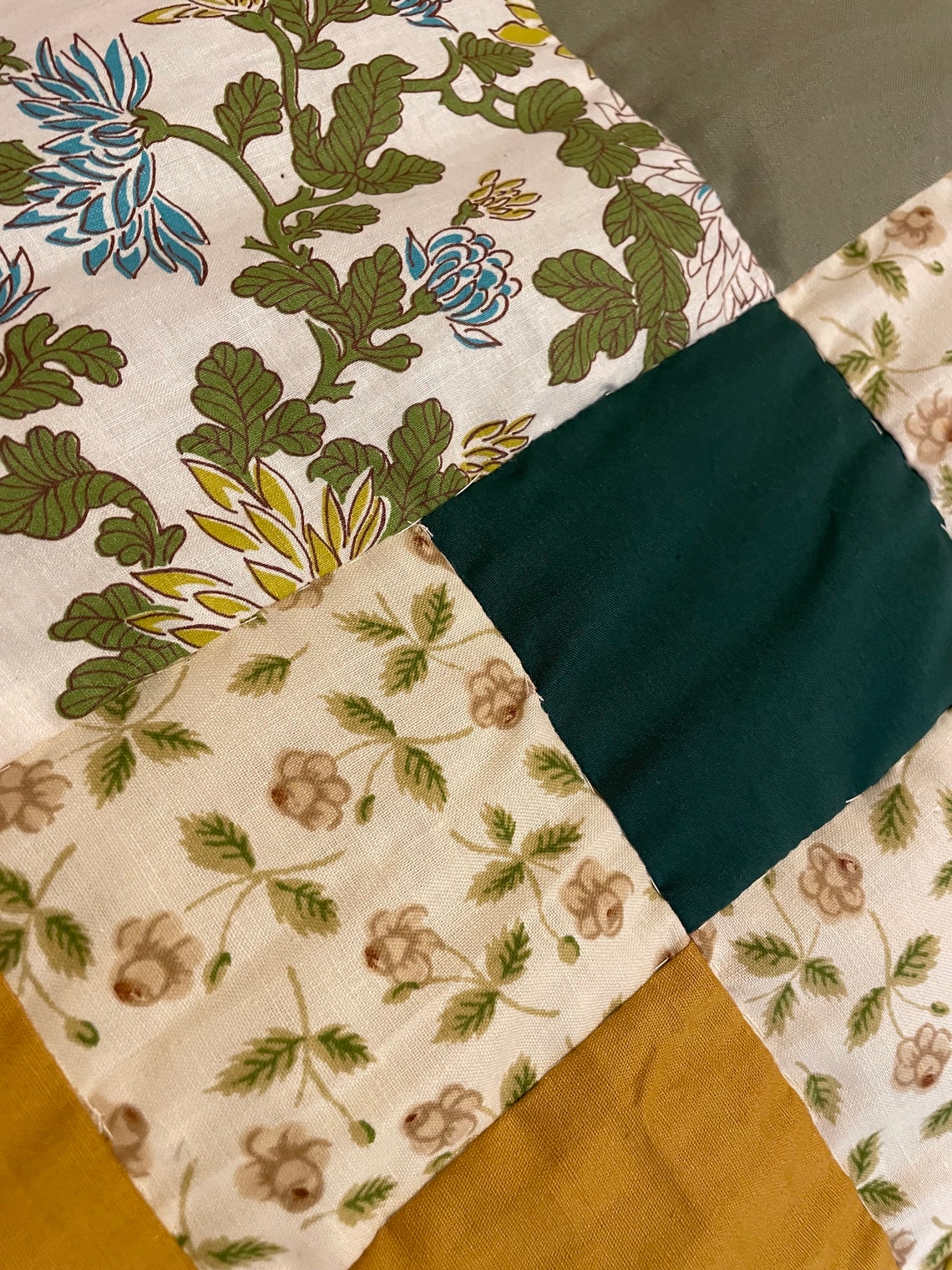 Handmade Patchwork Quilt With Harvest Gold, Teal, Vintage Floral Fabric ...