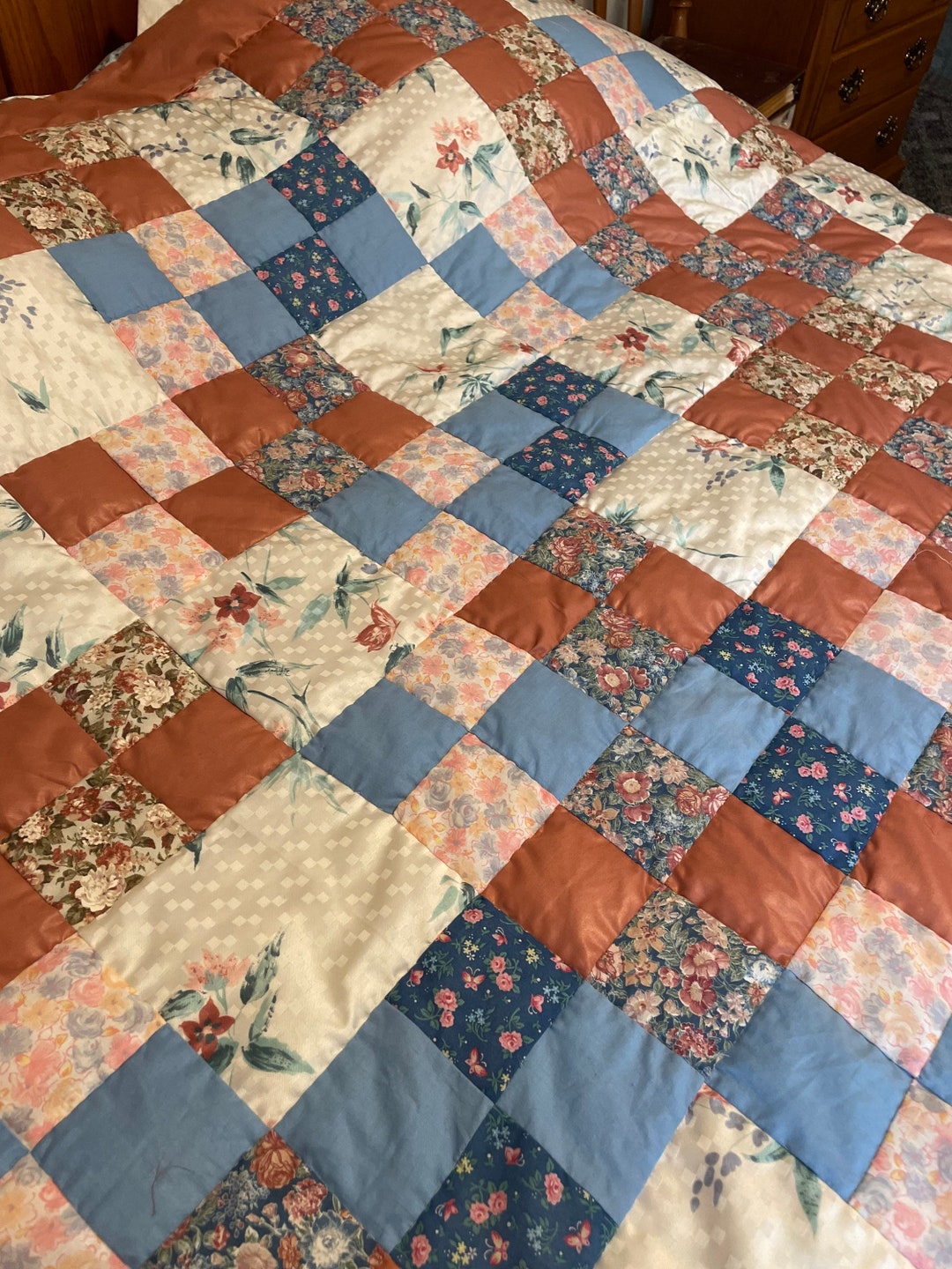 Beautiful Quilt Made From Vintage 1990’s Fabrics in Terra Cotta and Blues 83”x94” Full/queen ...