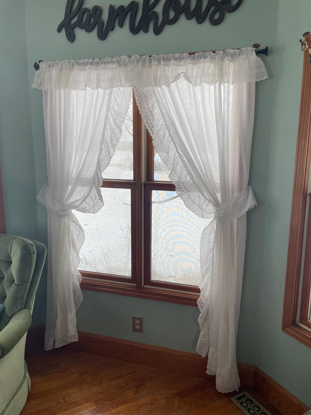 Beautiful White Priscilla Curtains With Wide Eyelet Lace Ruffle French ...