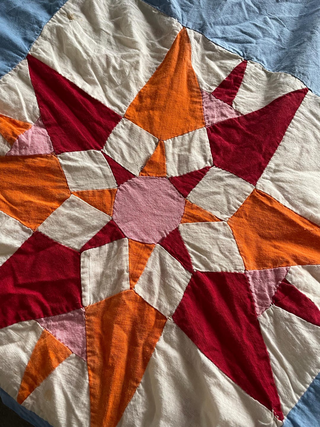 Vintage 1950’s Quilt Top 71”x84” With 12 Mariner’s Compass or Sunshines ...