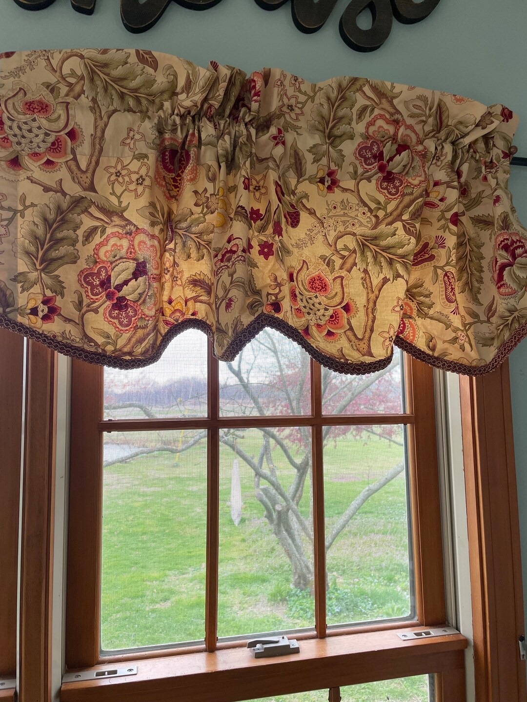 Waverly Jacobean Window Valance Curtain in Ivory W/cranberry, Avocado ...